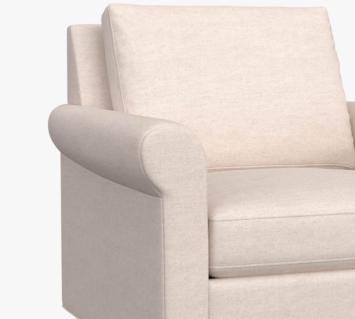 Sanford Roll Arm Upholstered Swivel Armchair | Pottery Barn