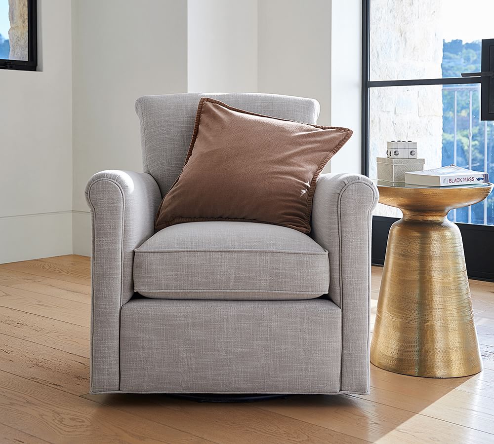 Irving Roll Arm Upholstered Swivel Armchair | Pottery Barn