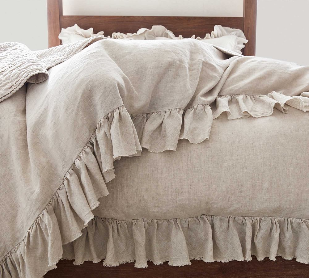 Belgian Flax Linen Raw Edge Ruffle Solid Duvet Cover - White | Pottery Barn