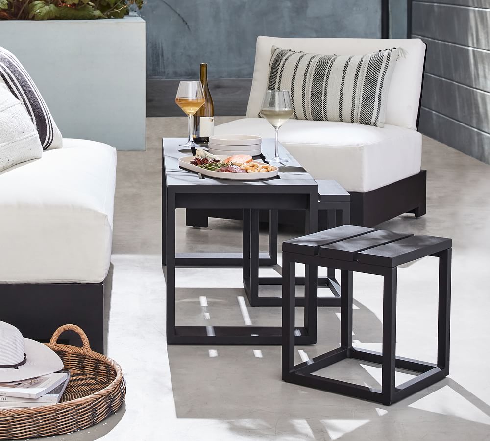 Malibu Metal Rectangular Coffee Table with Nesting Stools | Pottery Barn