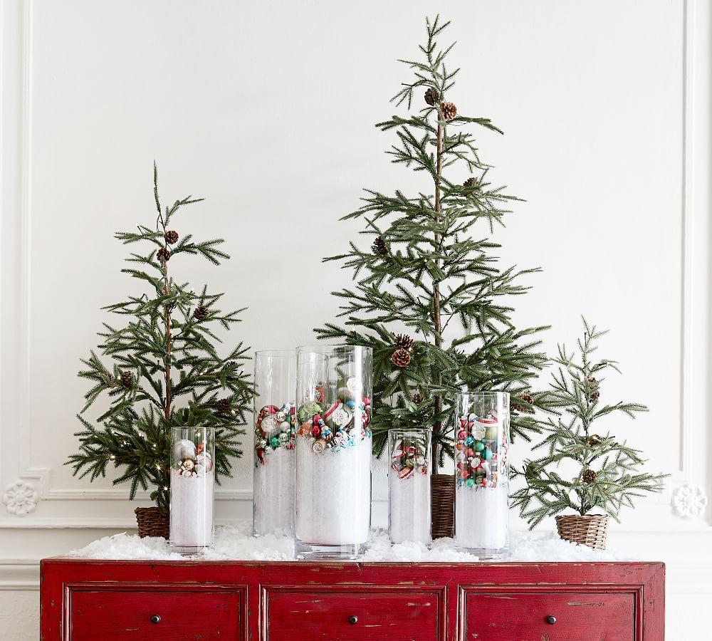 Pre-Lit Faux Pine Trees in Basket | Pottery Barn