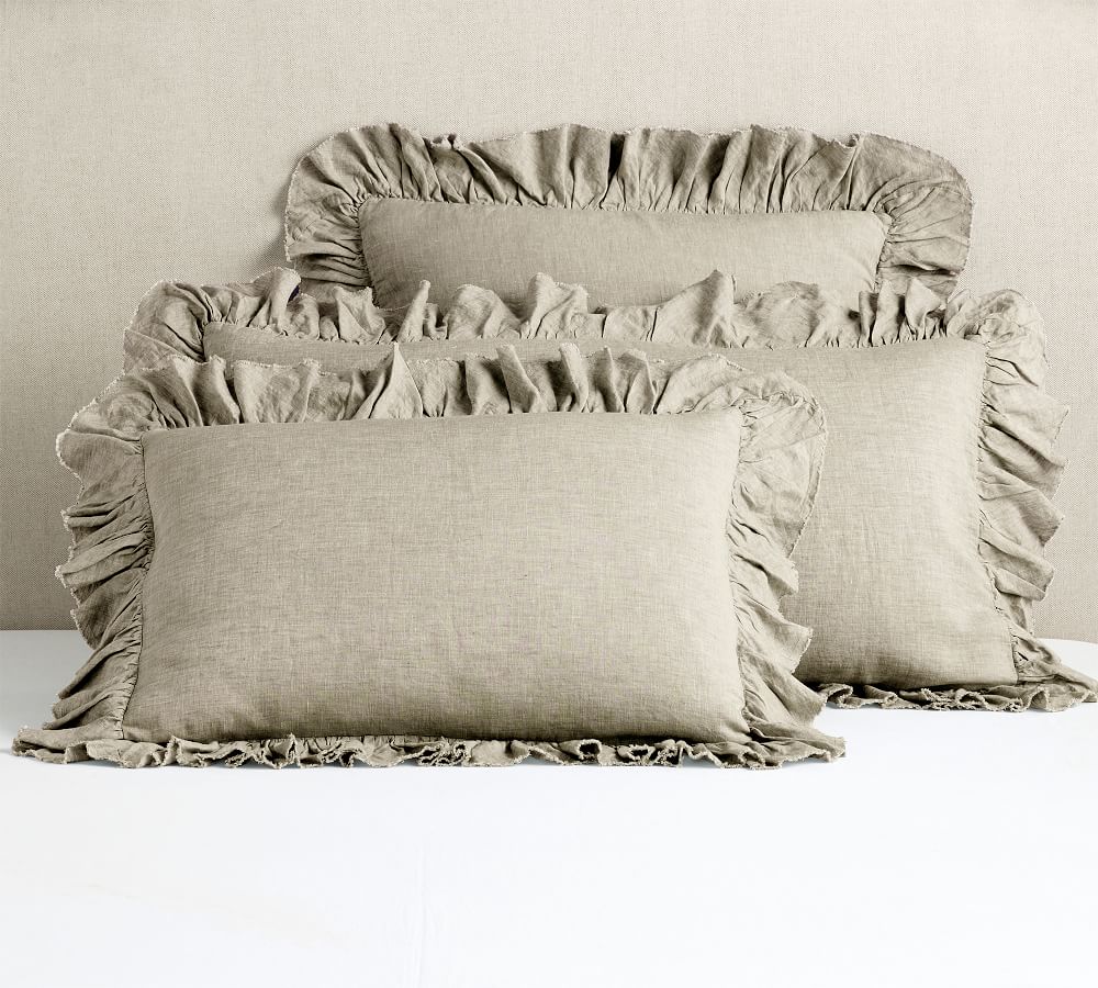 Belgian Flax Linen Raw Edge Ruffle Pillow Shams - White | Pottery Barn