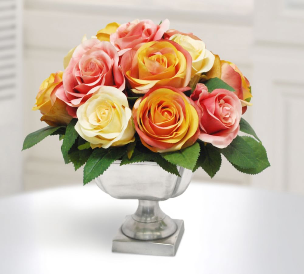 Faux Rose in Silver Square Vase | Artificial Flowers | Pottery Barn