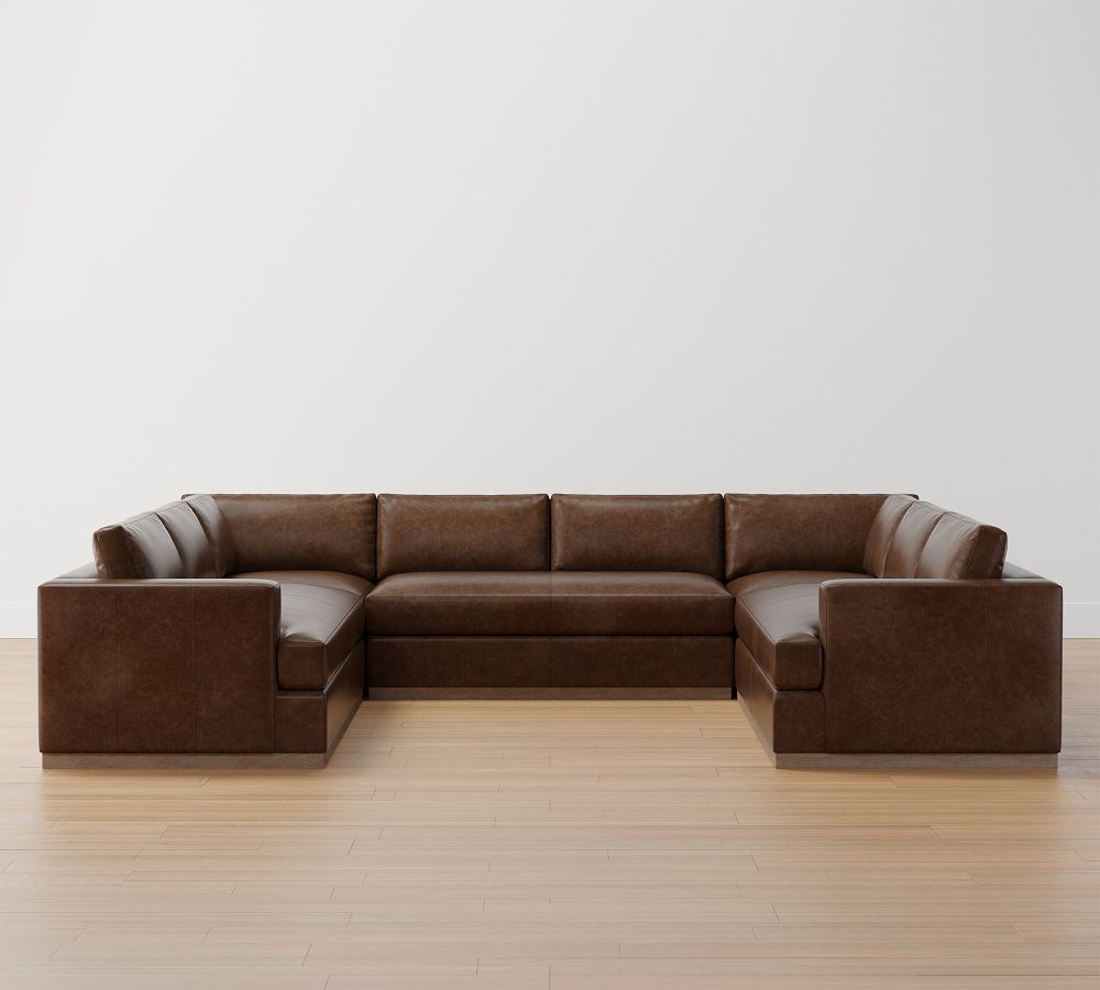 Carmel Recessed Square Arm Leather U Shaped Sectional with Wood Base ...