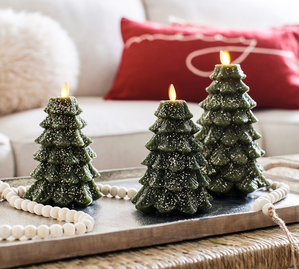 Premium Flickering Flameless Tree Candle - Glittery Green | Pottery Barn