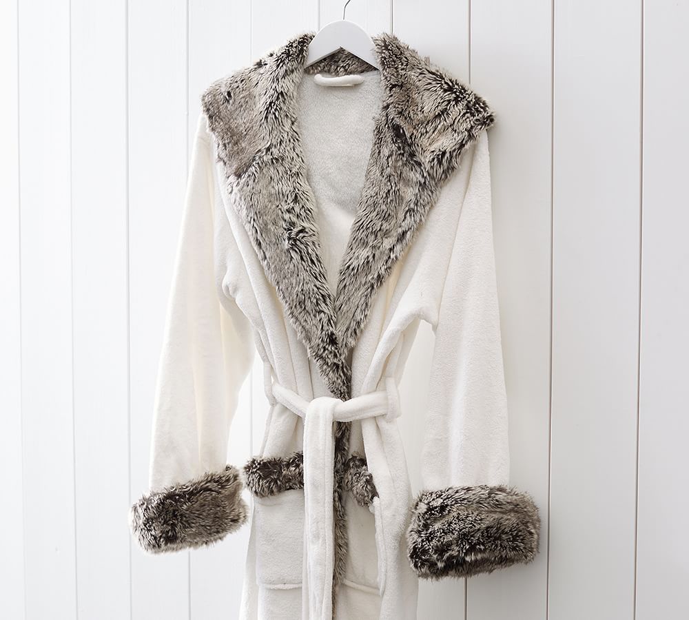 Faux Fur Hooded Bath Robe - White/Gray Ombre | Pottery Barn