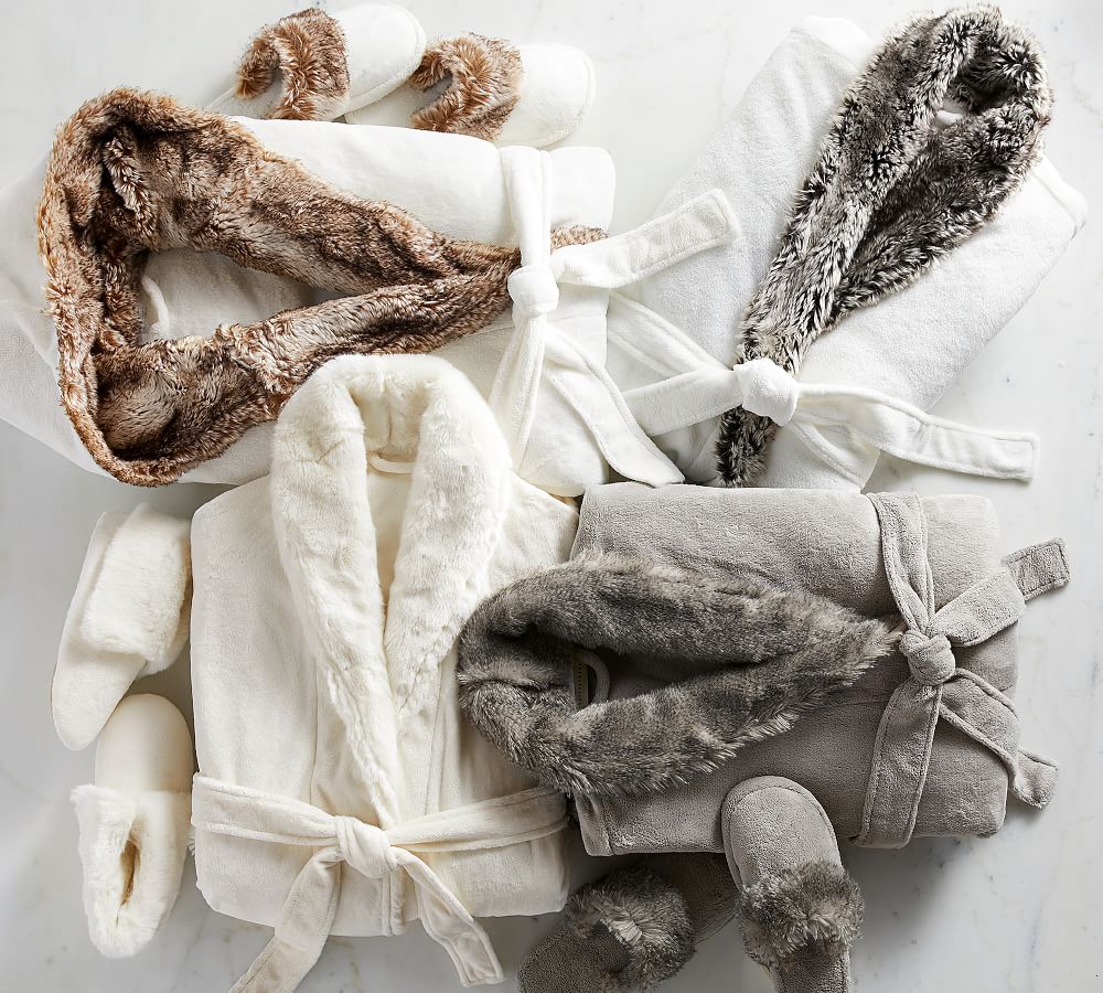 Faux Fur Hooded Bath Robe - White/Gray Ombre | Pottery Barn