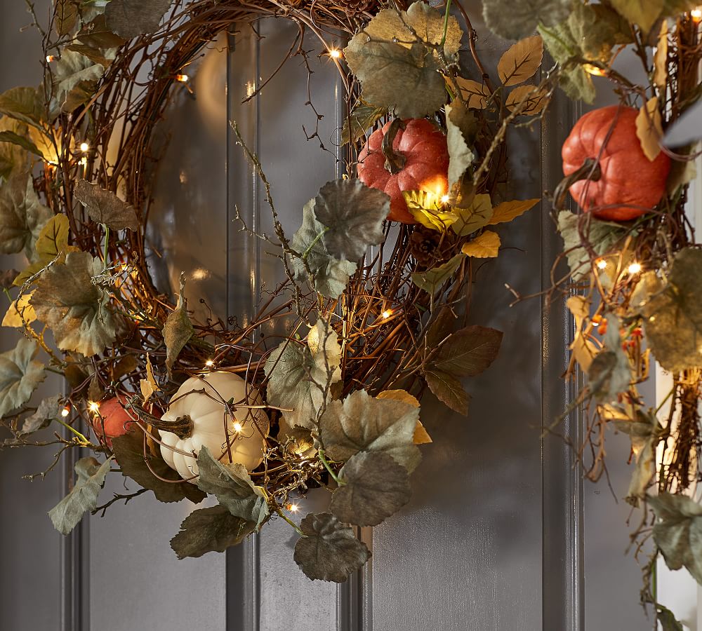 Pre-Lit Faux Natural Pumpkin Wreath & Garland | Pottery Barn