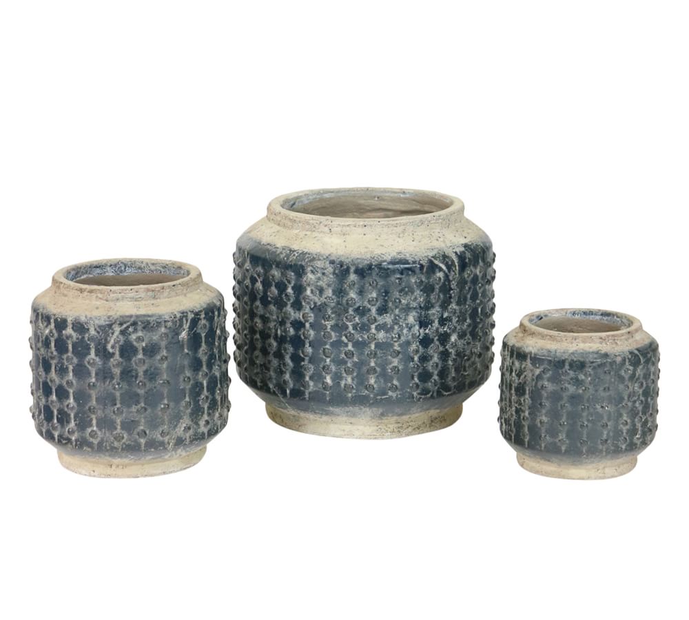 Dark Blue Round Ceramic Cachepots, Set of 3 | Pottery Barn