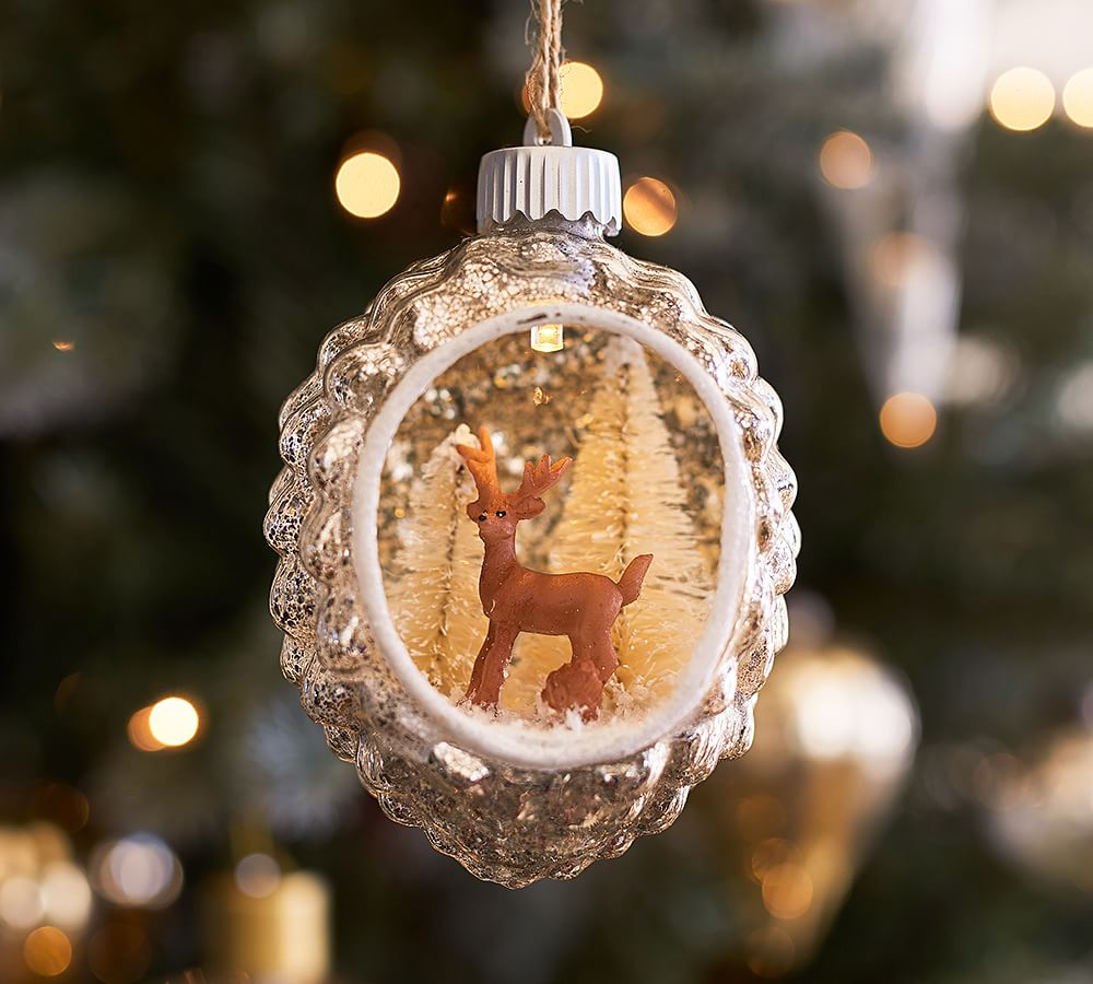 Lit Reindeer Scene in Mercury Christmas Ornament | Pottery Barn