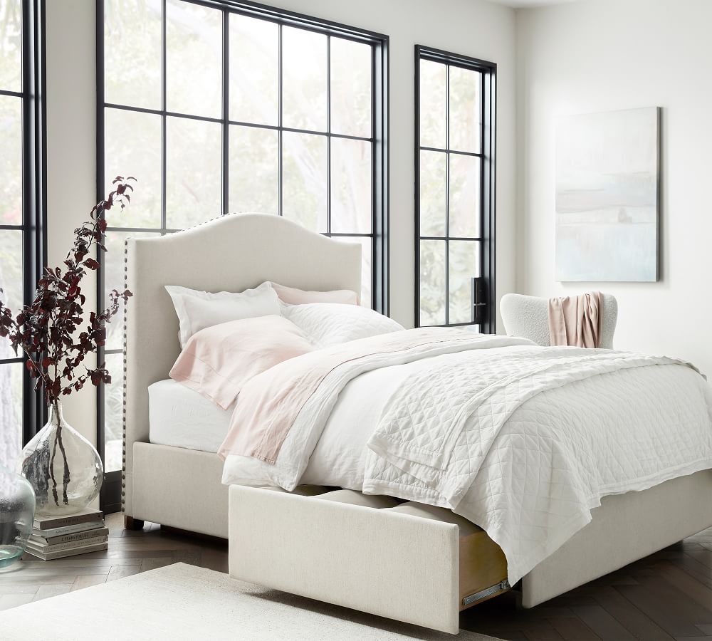 Raleigh Curved Upholstered Tall Side Storage Platform Bed | Pottery Barn