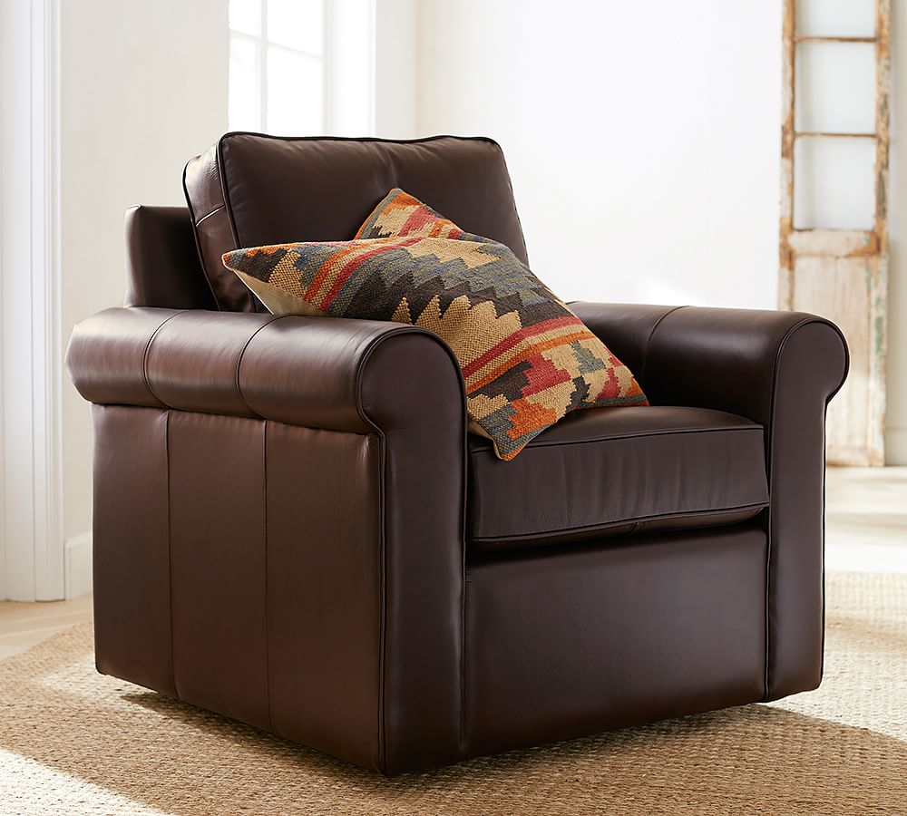 Cameron Roll Arm Leather Swivel Armchair | Pottery Barn
