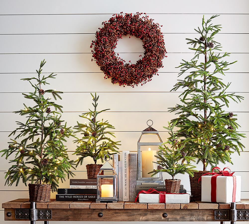Pre-Lit Faux Pine Trees in Basket | Pottery Barn