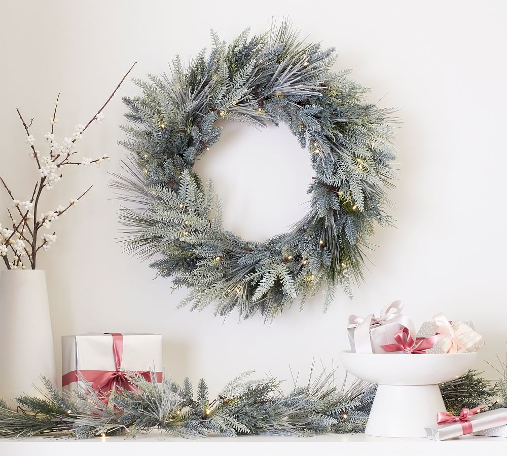 Pre-Lit Faux Flocked Pine Wreath & Garland | Pottery Barn