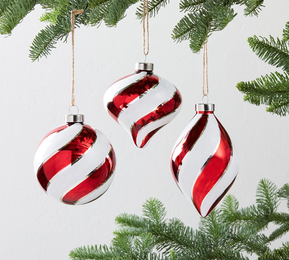Mercury Glass Candy Cane Striped Ornaments Set Of 3 | Pottery Barn