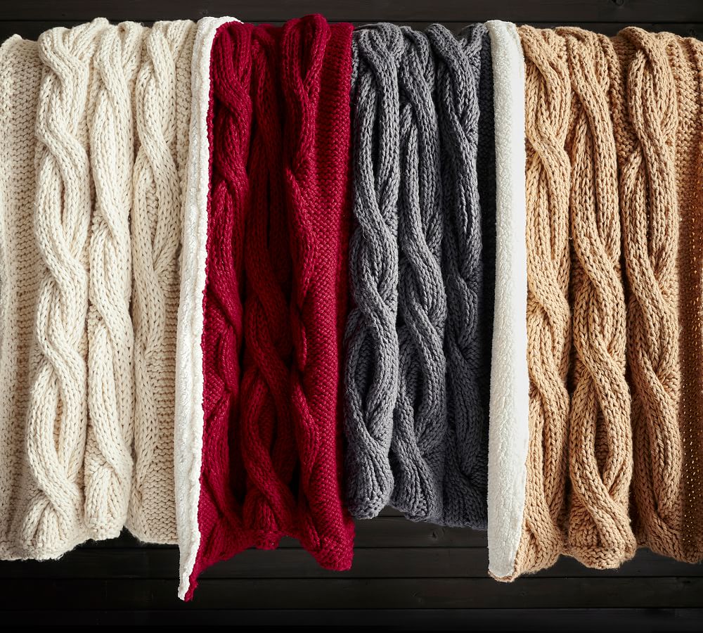 Alpine Handknit Cable Sherpa Back Throw | Pottery Barn