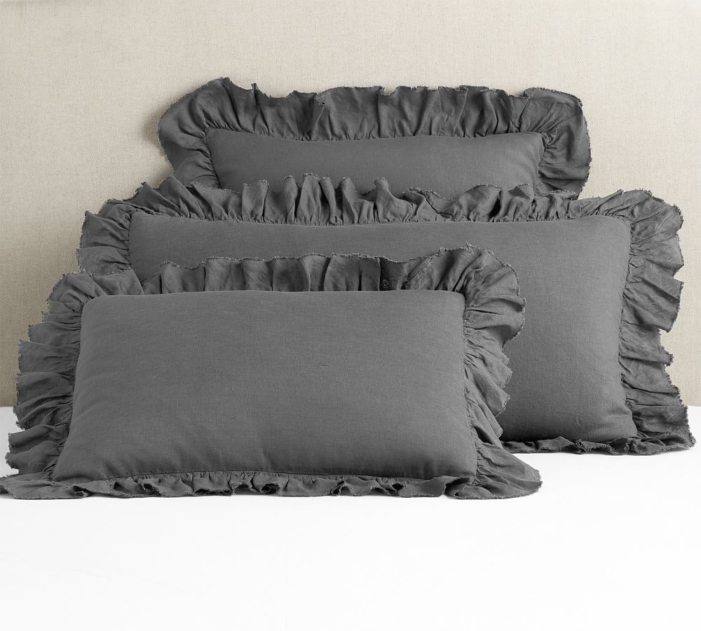 Belgian Flax Linen Raw Edge Ruffle Pillow Shams - White | Pottery Barn