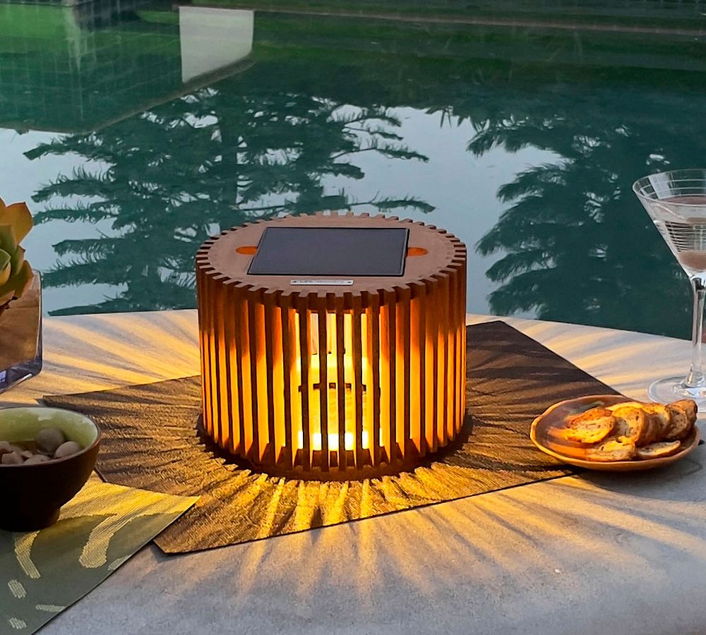 Solar Tabletop Teak Lantern | Pottery Barn