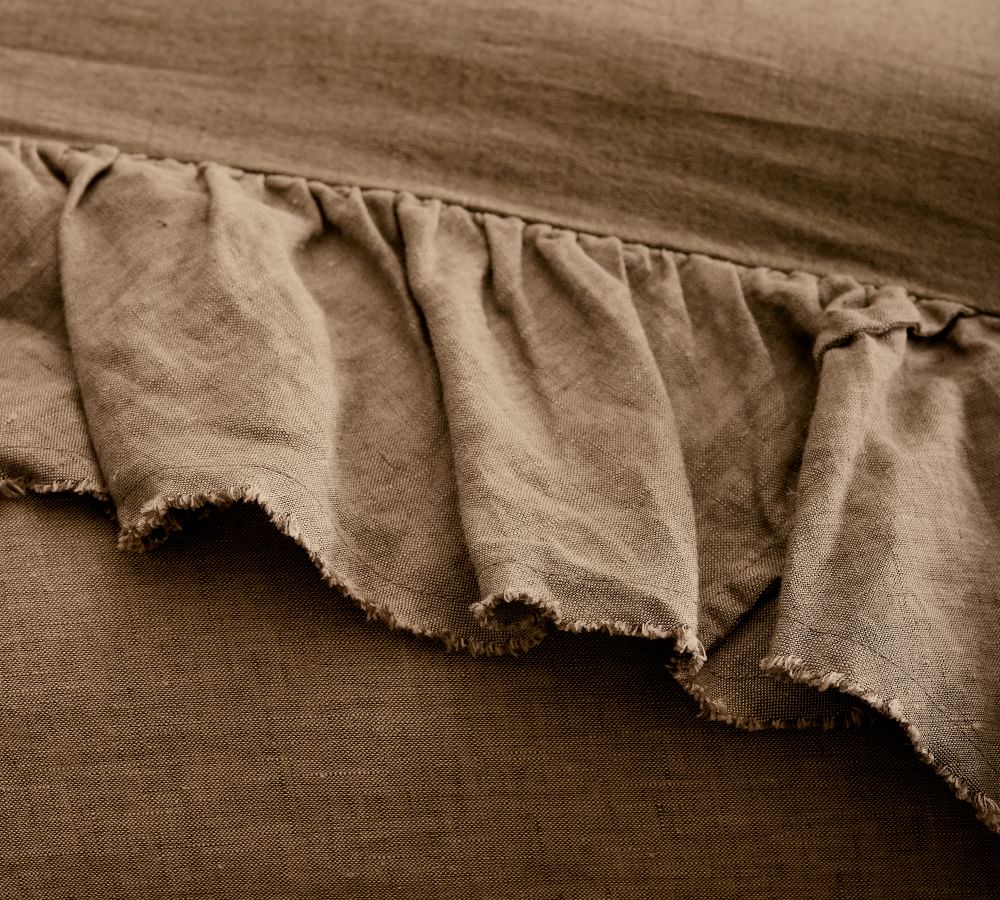 Belgian Flax Linen Raw Edge Ruffle Solid Duvet Cover - White | Pottery Barn