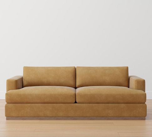 Carmel Recessed Square Arm Leather Sofa Chaise Sectional with Wood Base ...