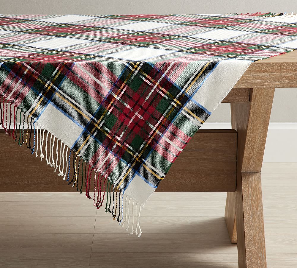 Stewart Plaid Acrylic Tassel Table Throw | Pottery Barn