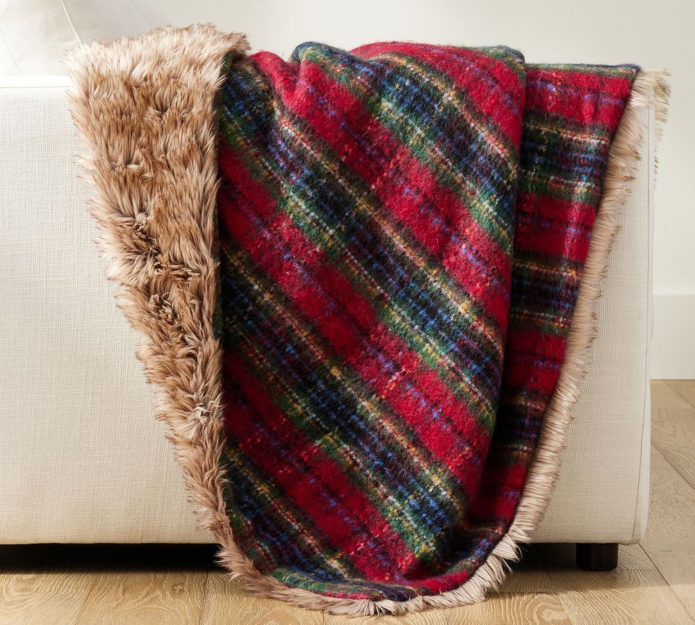 Stewart Plaid Faux Fur Back Throw Blanket | Pottery Barn