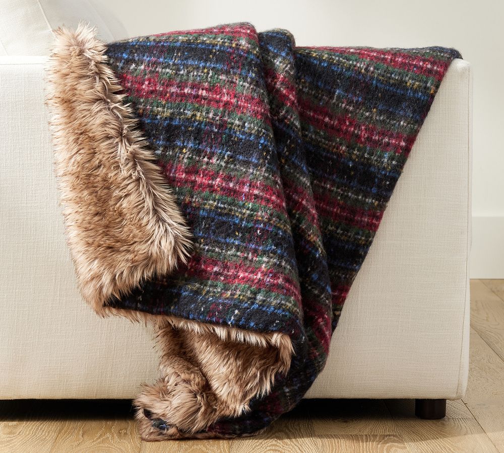 Stewart Plaid Faux Fur Back Throw Blanket | Pottery Barn