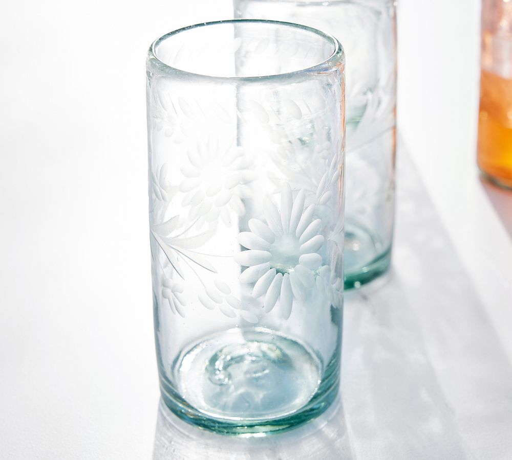 Etched Floral Recycled Glass Drinking Glasses - Set of 4 | Pottery Barn
