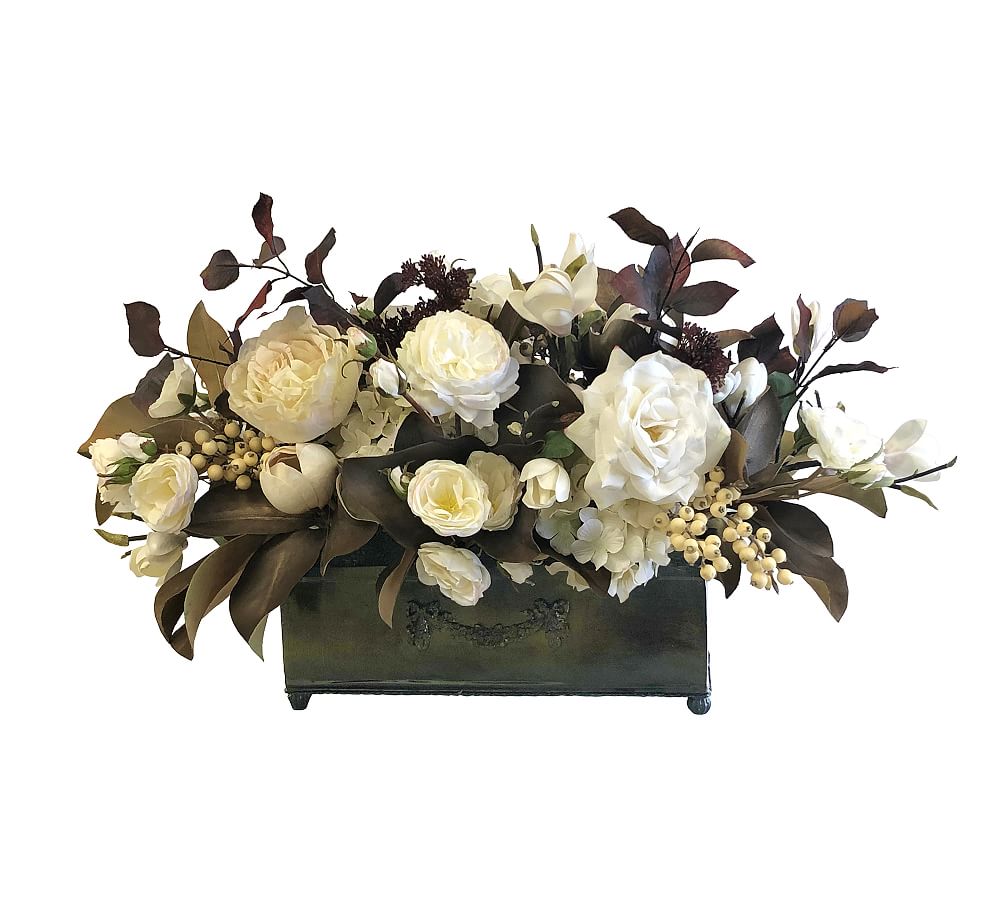 Faux Autumn Magnolia & Rose Arrangement in Planter | Artificial Flowers ...