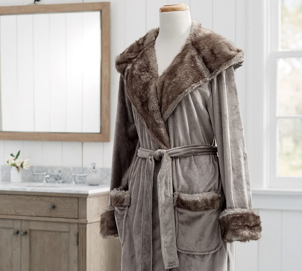 Faux Fur Hooded Bath Robe - Gray Tipped Alpaca | Pottery Barn