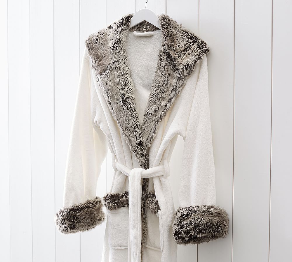 Faux Fur Hooded Bath Robe - White/Gray Ombre | Pottery Barn