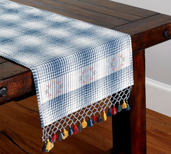 Cyress Tassel Plaid Table Runner | Pottery Barn