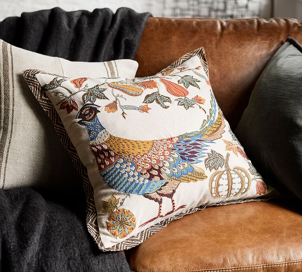 Pheasant Embroidered Throw Pillow Cover | Pottery Barn