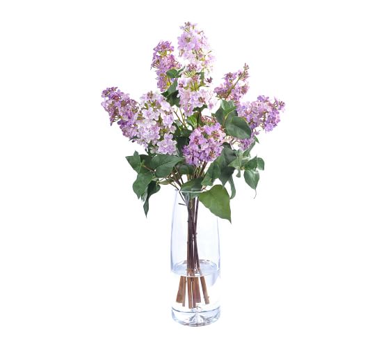 Faux Lavender Lilacs In Tall Glass Vase | Artificial Flowers | Pottery Barn