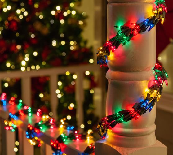 Multi Color Incandescent Garland Lights With Green Wire - 9' | Pottery Barn
