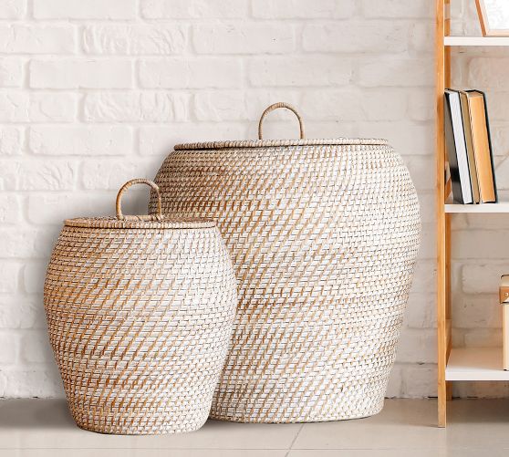 Bruno White Rattan Baskets With Lids, Set of 2 | Pottery Barn