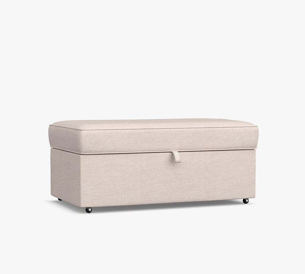 PB Comfort Upholstered Storage Ottoman with Pull Out Table | Pottery Barn