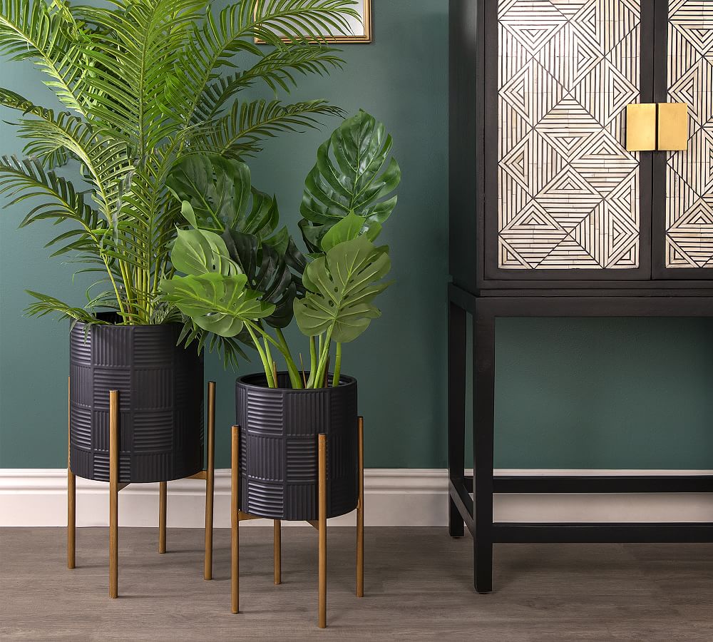 Bella Patterned Raised Planters with Gold Stand - Set of 2 | Pottery Barn