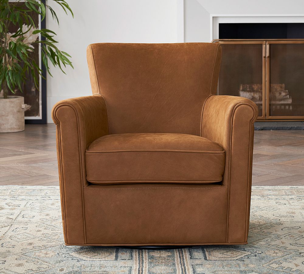 Irving Roll Arm Leather Swivel Armchair | Pottery Barn