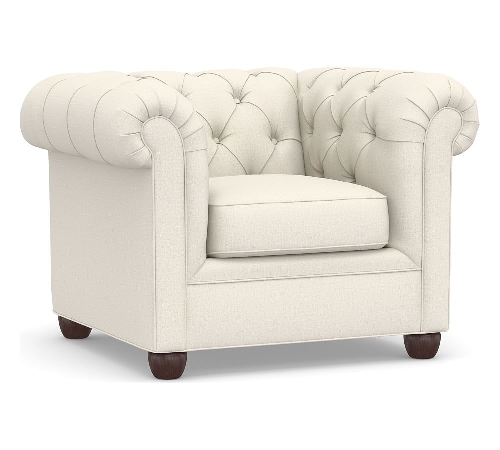 OPEN BOX: Chesterfield Roll Arm Upholstered Armchair, Performance Heathered Tweed Ivory ...