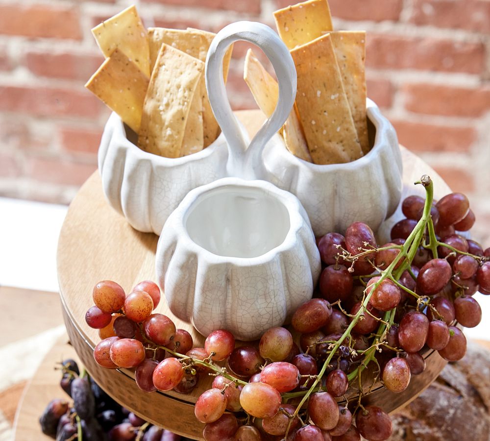 Figural Pumpkin Stoneware Triple Condiment Server | Pottery Barn