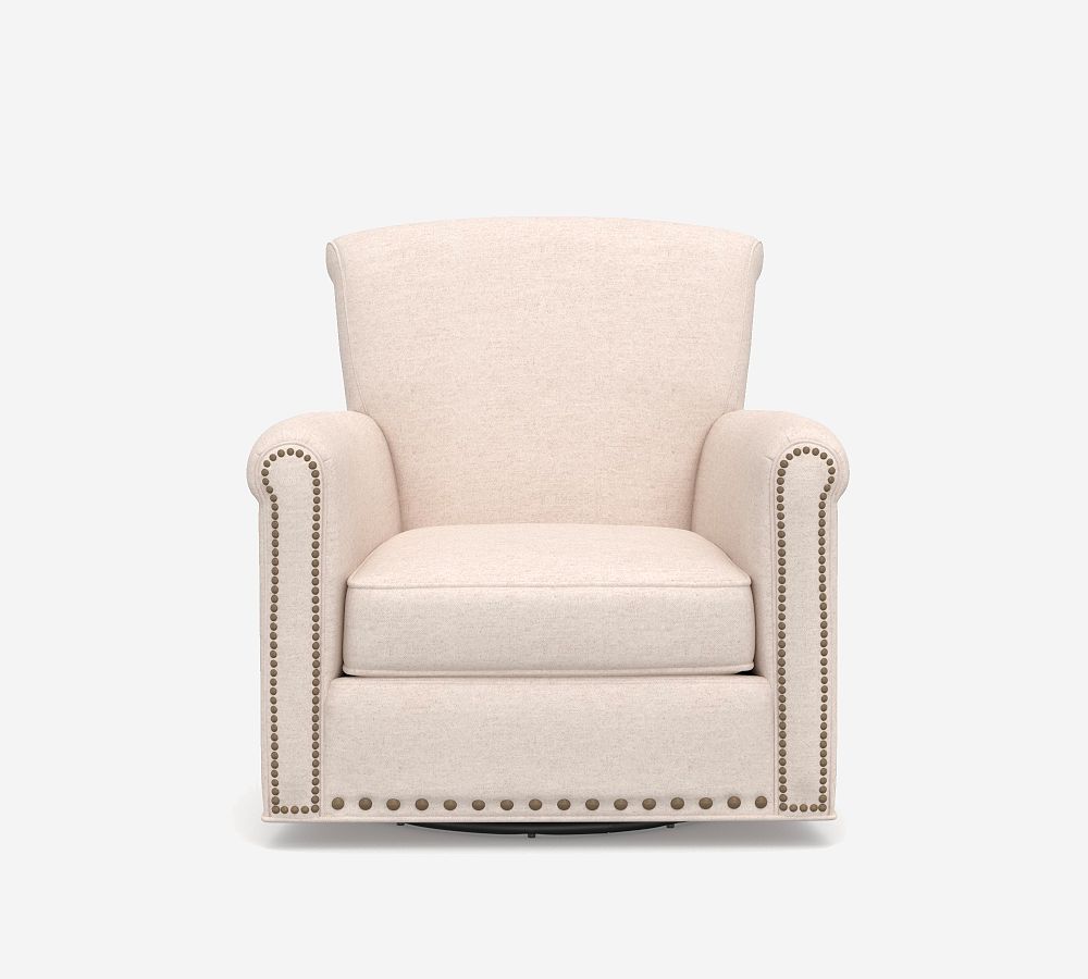 Irving Roll Arm Upholstered Swivel Armchair | Pottery Barn