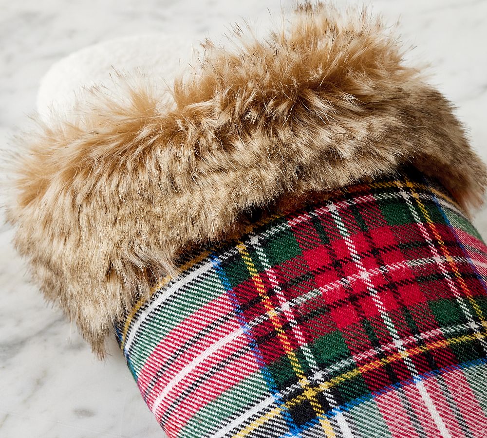 Stewart Plaid Flannel Faux Fur Slippers | Pottery Barn