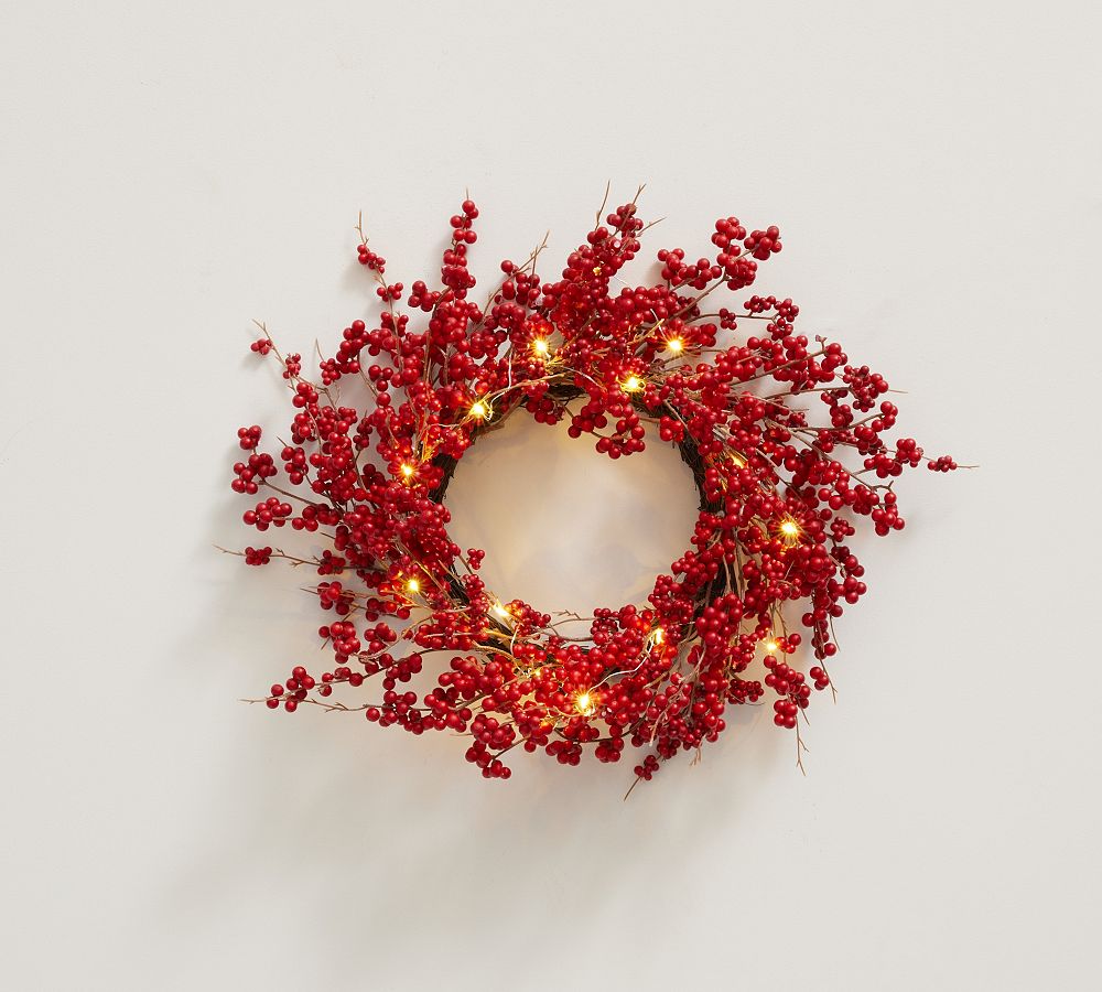 Lit Faux Red Berry Wreath & Garland | Pottery Barn
