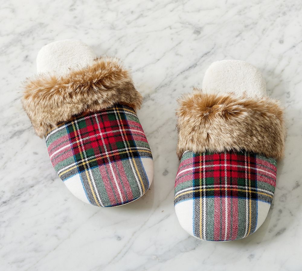 Stewart Plaid Flannel Faux Fur Slippers | Pottery Barn