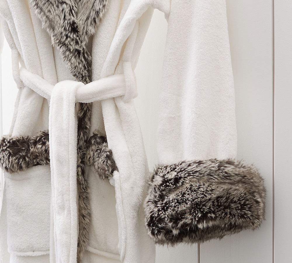 Faux Fur Hooded Bath Robe - White/Gray Ombre | Pottery Barn