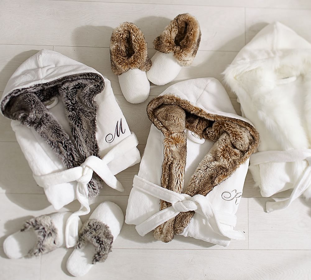 Faux Fur Hooded Bath Robe - White/Gray Ombre | Pottery Barn