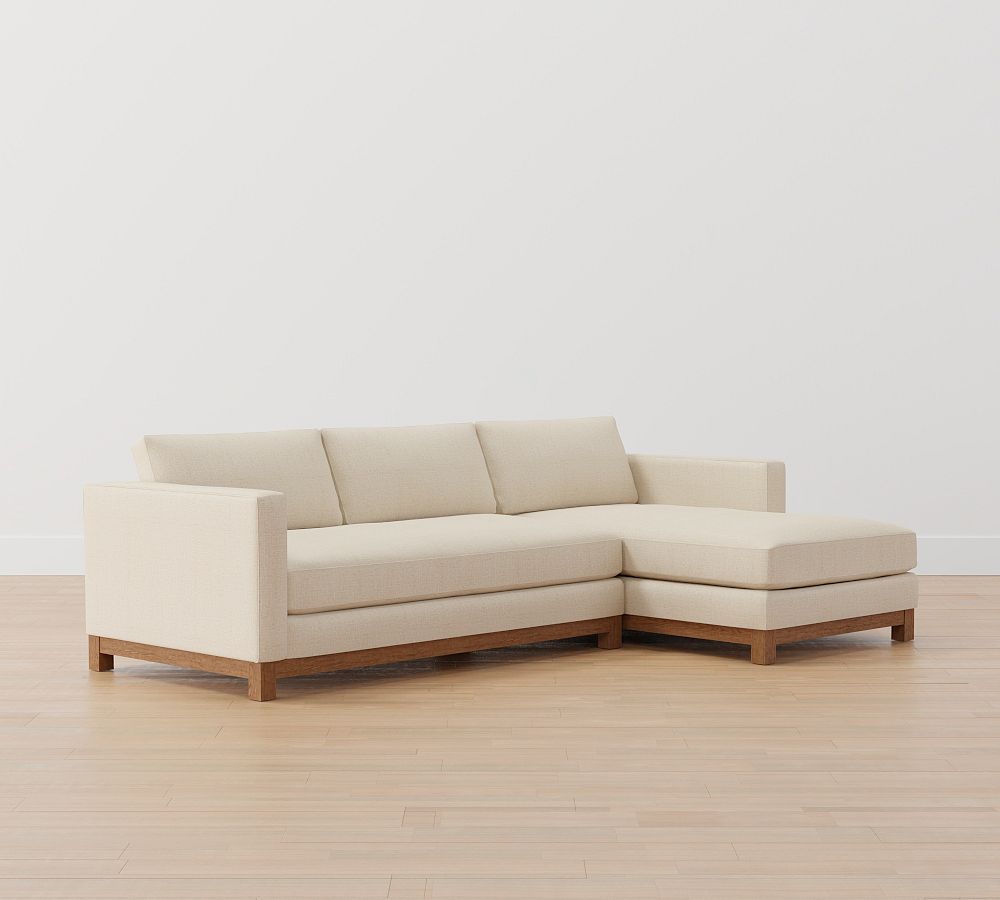 Jake Upholstered Sofa Chaise Sectional with Brindle Wood Base | Pottery ...