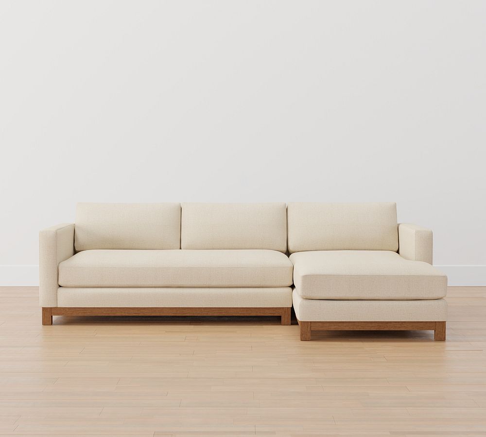 Jake Upholstered Sofa Chaise Sectional with Brindle Wood Base | Pottery ...