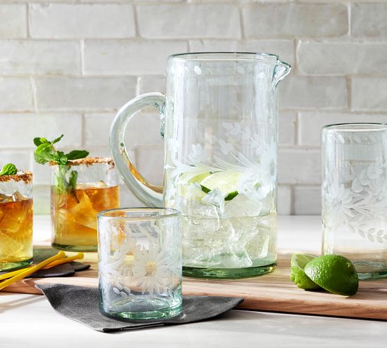 Etched Floral Recycled Glass Pitcher | Pottery Barn